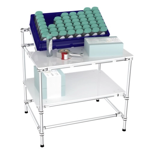 Workstation with front tubular picking shelf and under-worktop storage