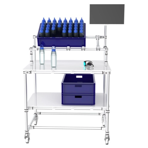 Workstation with front tubular picking shelf and under-worktop storage