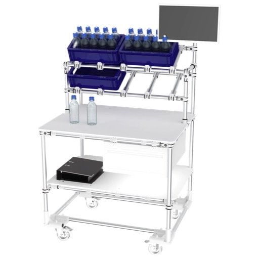 Workstation with front tubular picking shelf and under-worktop storage